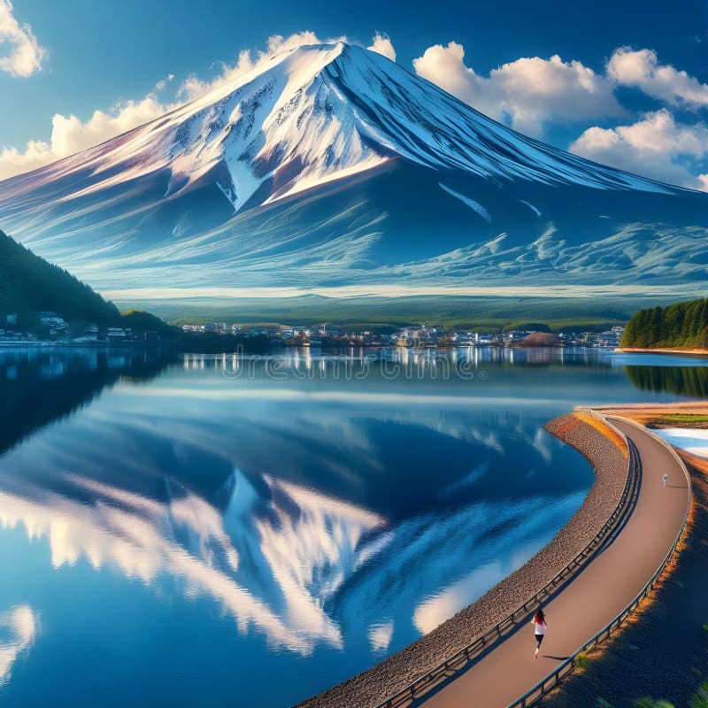 Image of a Person Running between Mount Fuji Covered with Snow and ...