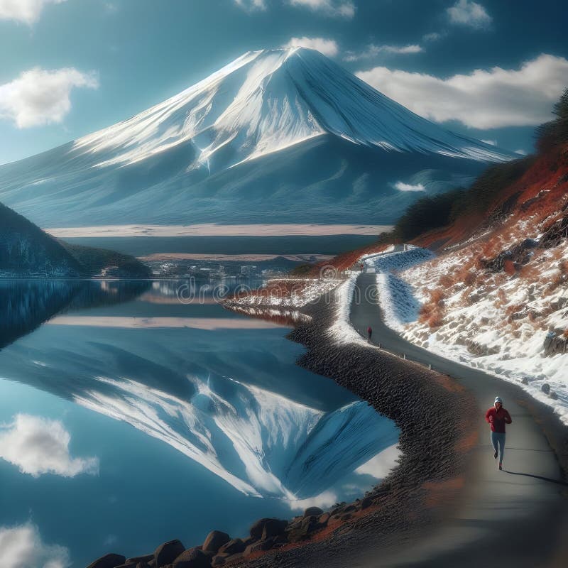 Image of a Person Running between Mount Fuji Covered with Snow and ...