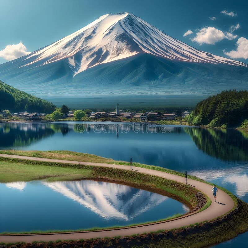 Image of a Person Running between Mount Fuji Covered with Snow and ...