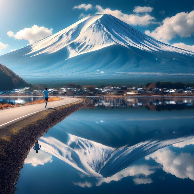 Image of a Person Running between Mount Fuji Covered with Snow and ...
