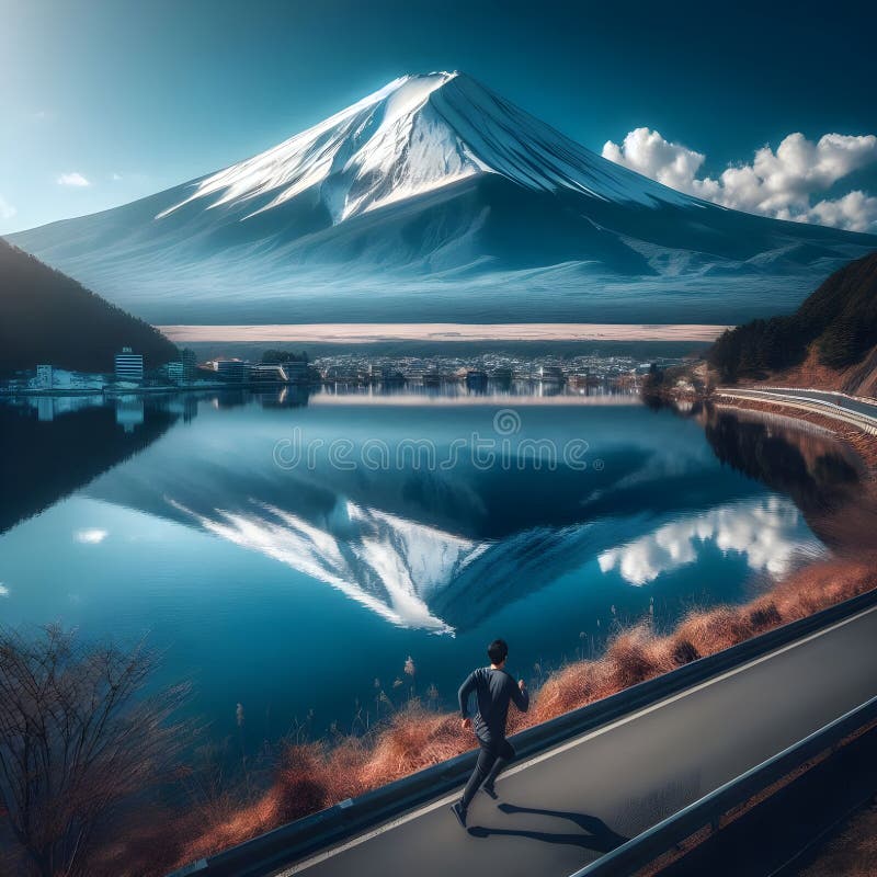 Image of a Person Running between Mount Fuji Covered with Snow and ...