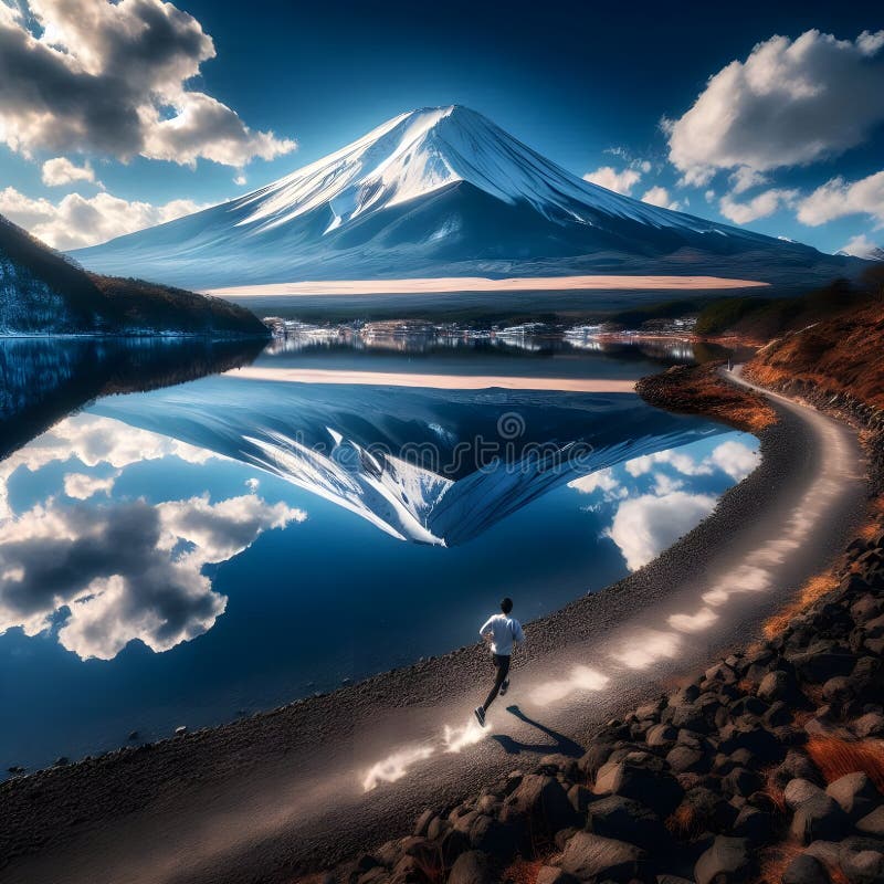 Image of a Person Running between Mount Fuji Covered with Snow and ...