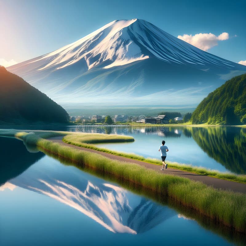 Image of a Person Running between Mount Fuji Covered with Snow and ...