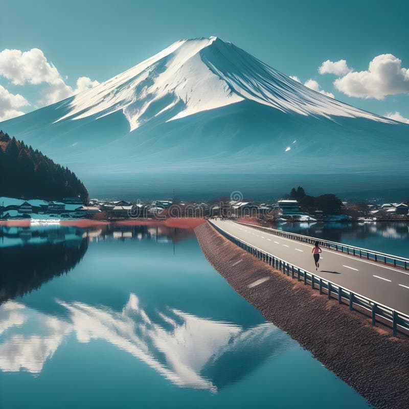 Image of a Person Running between Mount Fuji Covered with Snow and ...