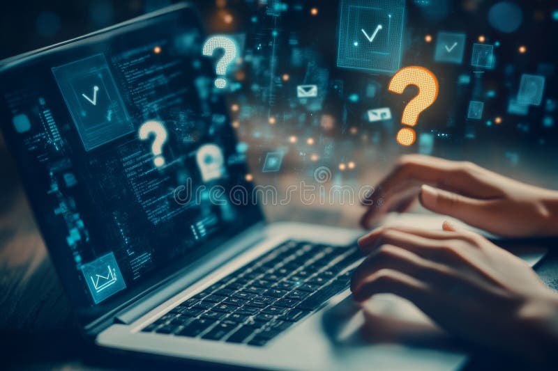 An Image of a Person Typing on a Laptop, with Question Marks Floating ...