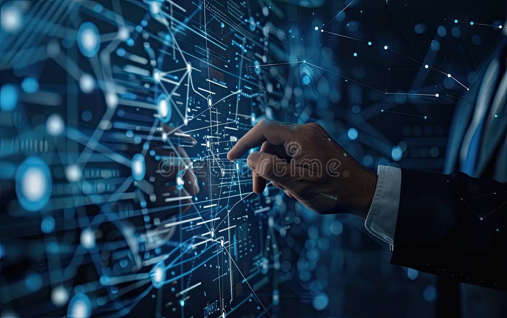 Person Pointing at Screen with Finger in Dark Room with Blue Font Stock ...