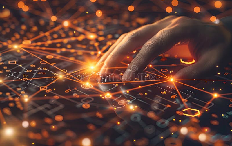 Person Pointing at Screen with Finger in Dark Room with Blue Font Stock ...