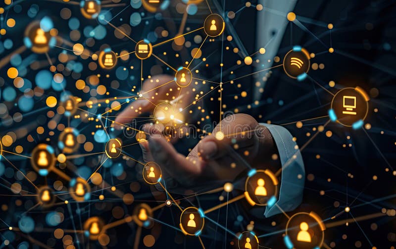 Person Pointing at Screen with Finger in Dark Room with Blue Font Stock ...