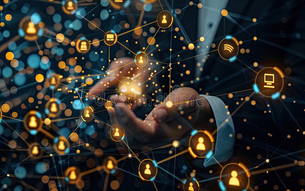 Person Pointing at Screen with Finger in Dark Room with Blue Font Stock ...