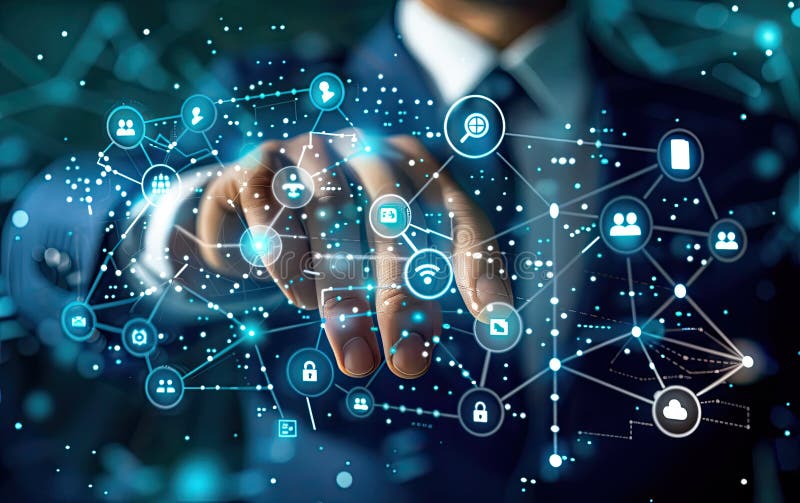 Person Pointing at Screen with Finger in Dark Room with Blue Font Stock ...