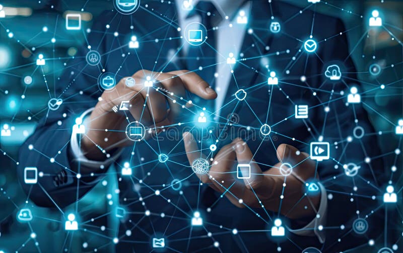 Person Pointing at Screen with Finger in Dark Room with Blue Font Stock ...