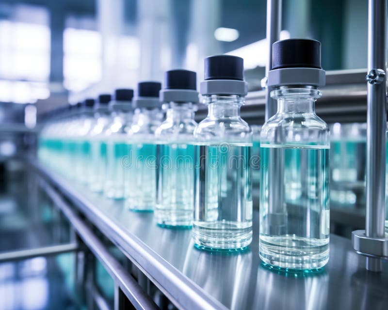 Glass Bottles with Clear Liquid on an Automatic Conveyor Line. Stock ...