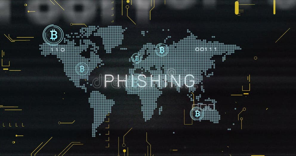 Image of Phishing Text, Bitcoin Symbols and Data Processing Over World ...
