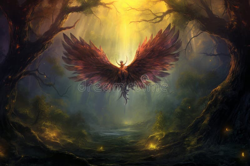 An Image of a Phoenix Flying through the Forest Stock Illustration ...