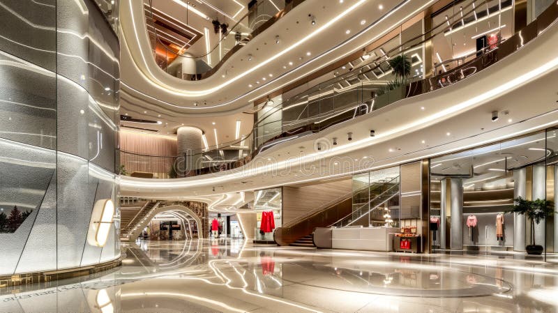 Modern Shopping Mall Interior Design Glass Walls Reflective Floor Stock ...
