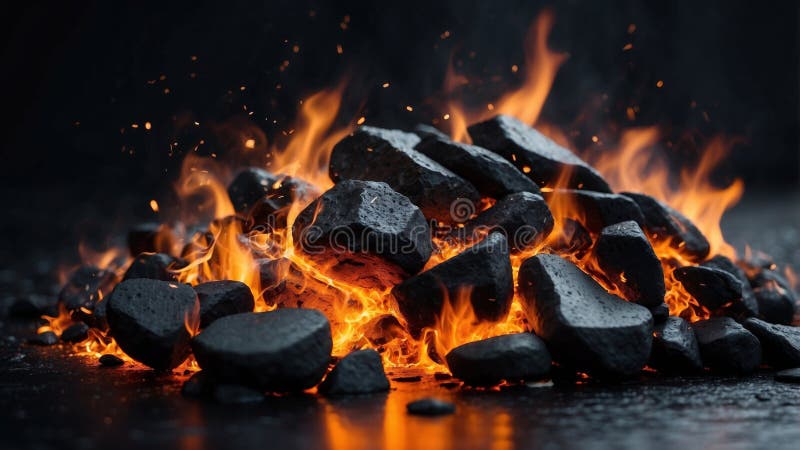 The Image is of a Pile of Black Rocks with a Lot of Fire and Sparks ...