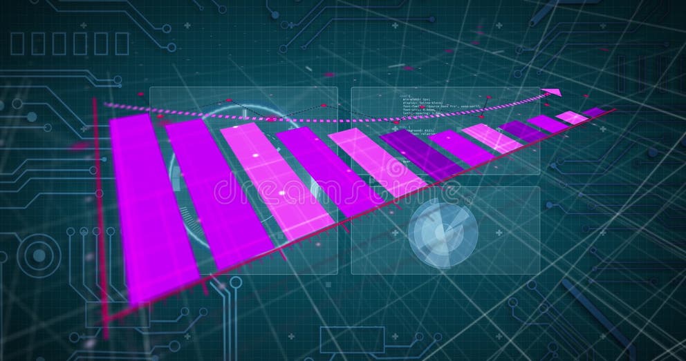 Image of Pink Graph Over Charts and Data Processing on Dark Interface ...