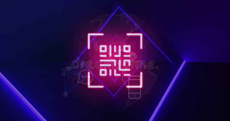 Image of Pink Neon Qr Code, Blue Neon Lights and Connected Media Icons ...