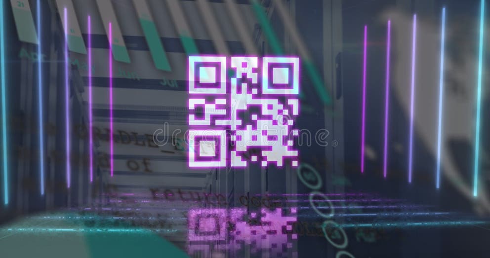 Image of Pink Qr Code with Neon Lights and Data Processing Over ...