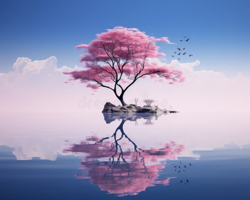 An Image of a Pink Tree in the Middle of the Water Stock Illustration ...