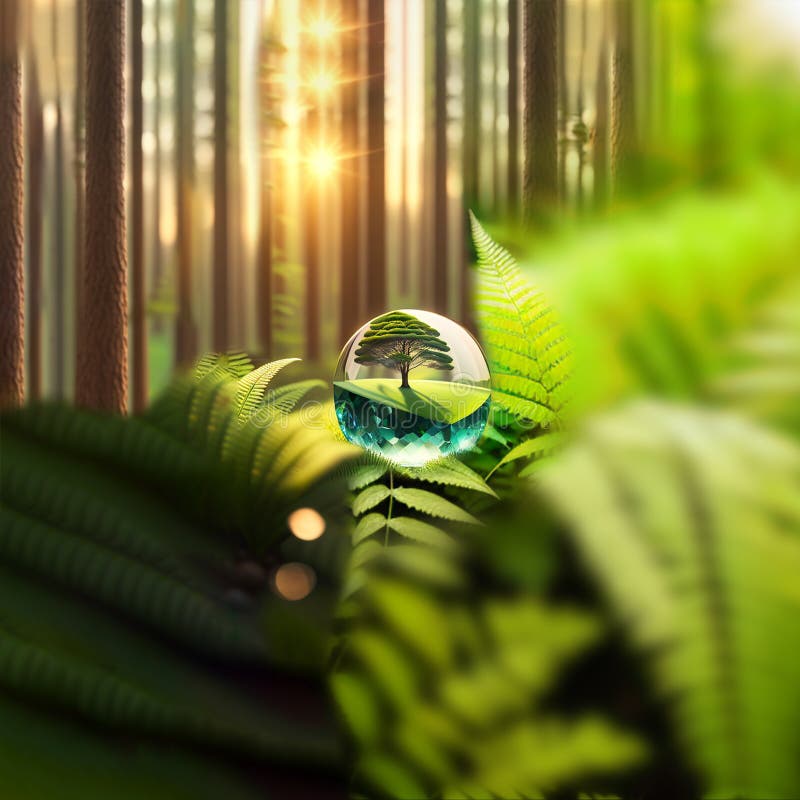 The Image of the Planet Earth in a Green Forest among Ferns. the ...