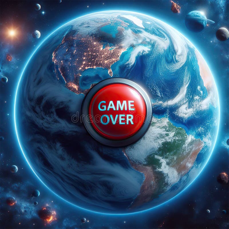Image of Planet Earth with a Large Red Button that Reads Game Over ...