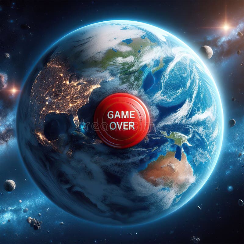 Image of Planet Earth with a Large Red Button that Reads Game Over ...