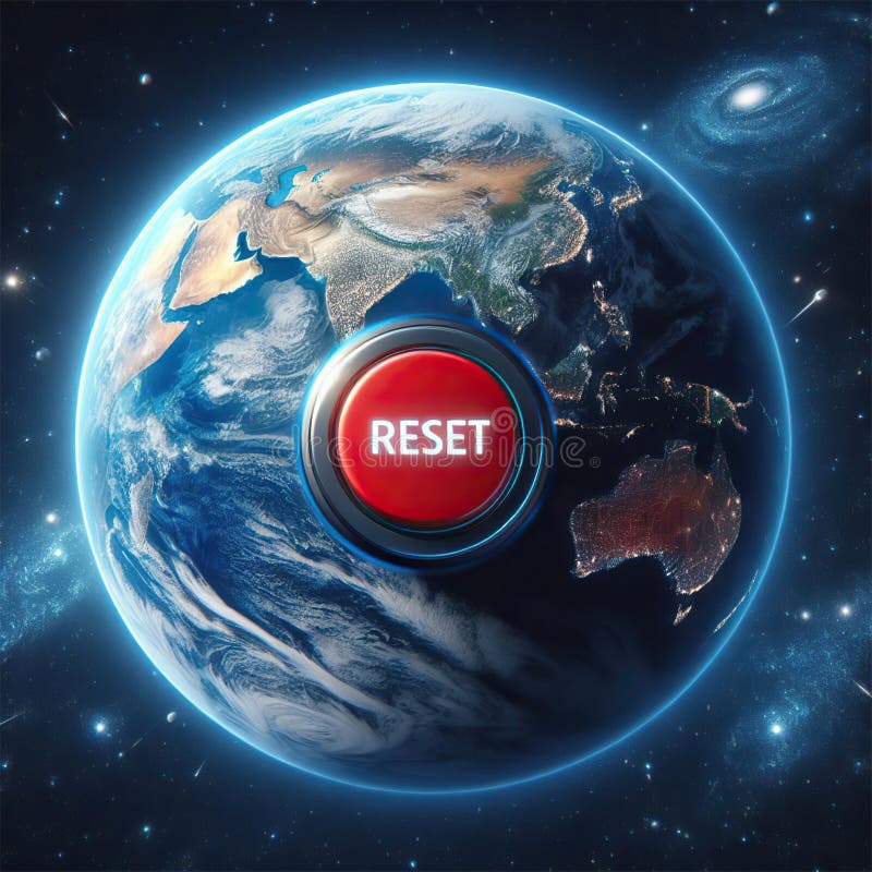 Image of Planet Earth with a Large Red Button that Reads "Reset Stock ...