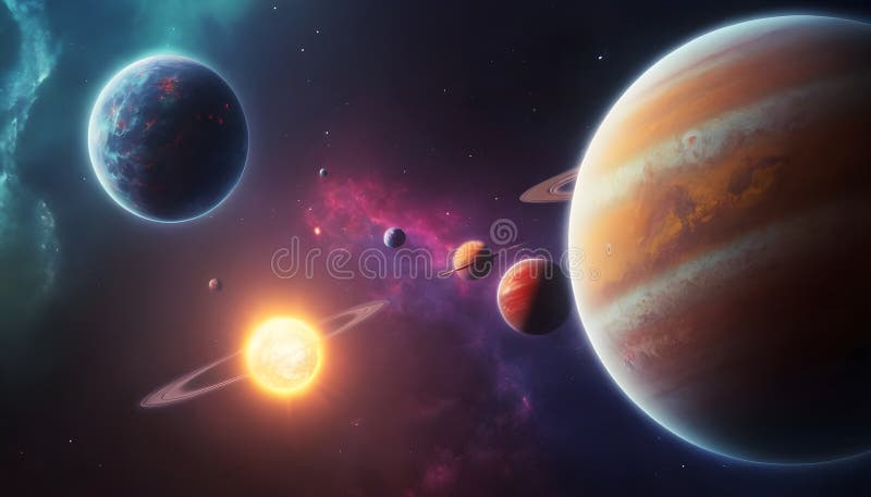 An Image of Planets in Space Solar System, with Blue and Pink Milkyway ...