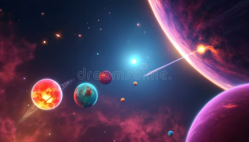 An Image of Planets and Stars in Space Solar System with Pink Clouds ...