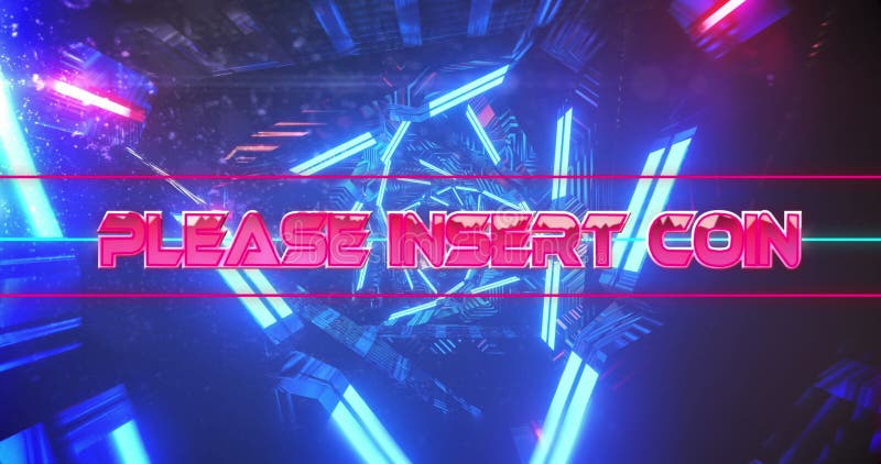 Image of Please Insert Coin Text Banner Over Neon Blue Tunnel in ...
