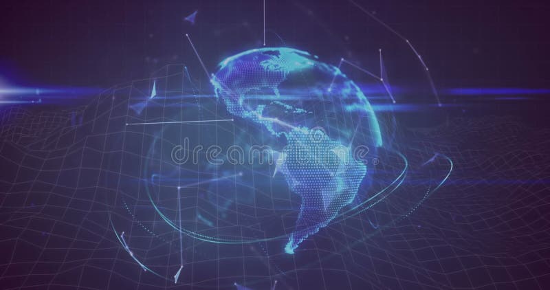 Image of Plexus Network Forming a Globe and Light Trails Against Blue Background Stock ...