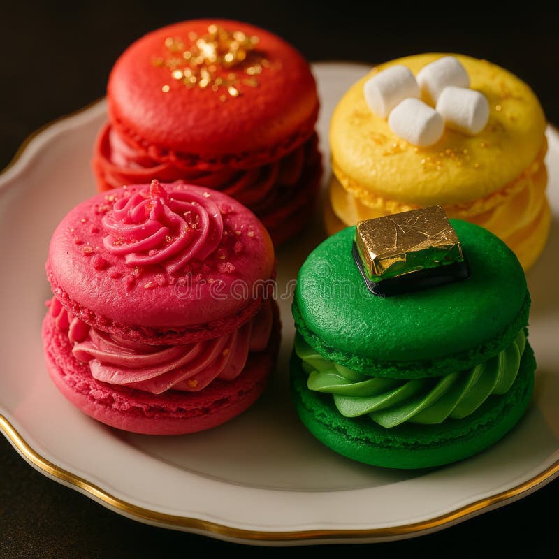 Four Colorful Macarons on a White Plate with a Gold Rim Stock ...