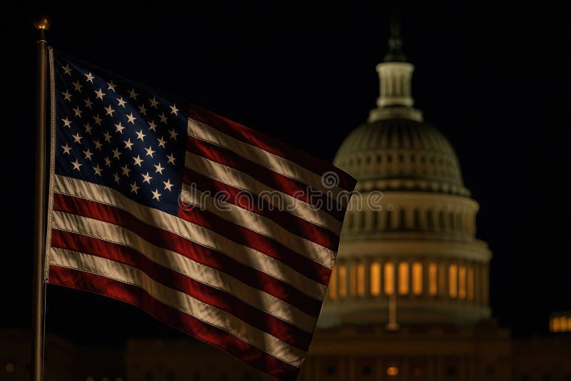 U.S. Flag at Night with Capitol Building in Background Representing ...