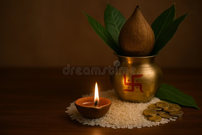 Auspicious Kalash with Coconut, Mango Leaves, and Ritual Items for a ...