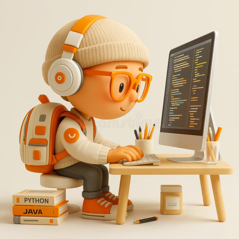 A Boy is Working Online on a Computer. 3d Styling Stock Illustration ...