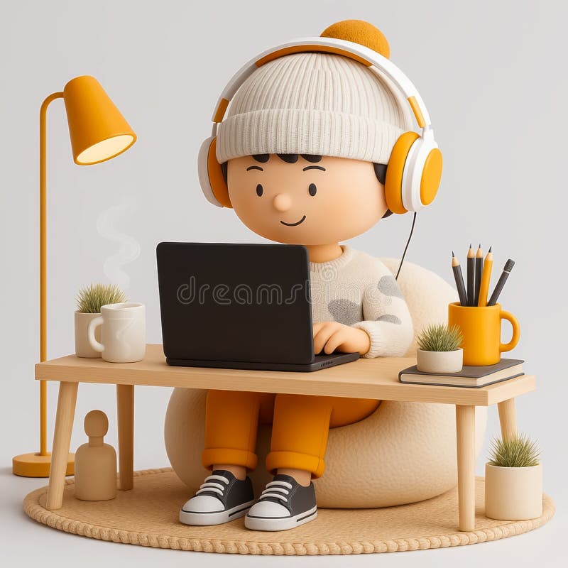 A Boy is Working Online on a Computer. 3d Styling Stock Illustration ...