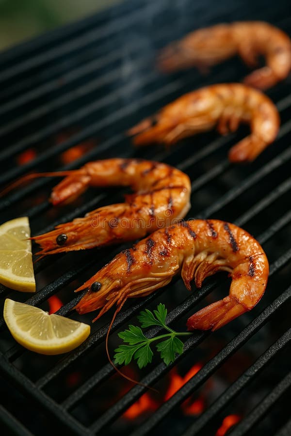 Grilled Shrimp are Sizzling on a Barbecue Grill Stock Illustration ...