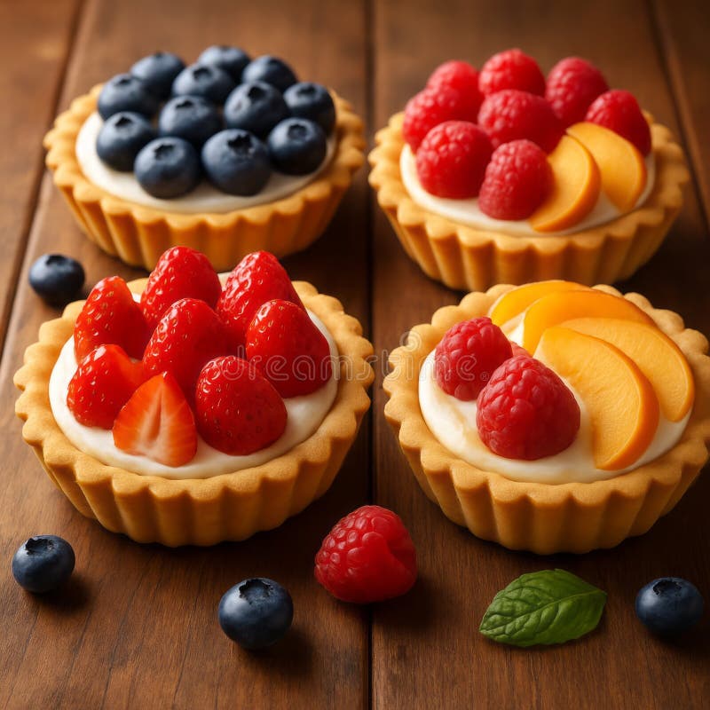 Four Fruit Tarts are Arranged on a Wooden Surface. Stock Illustration ...