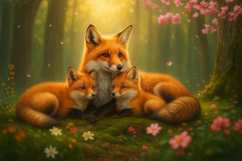 A Serene Forest Scene Features a Red Fox Family, Consisting of an Adult and Two Kits. Stock ...