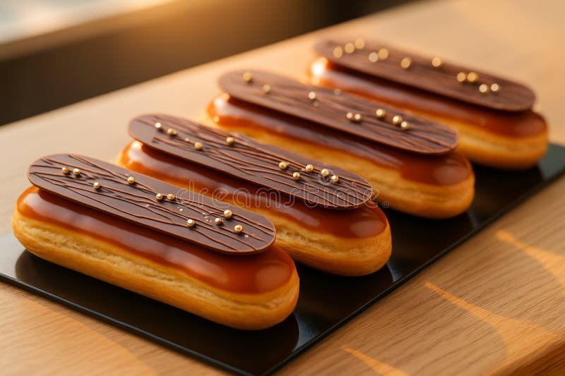 Caramel éclairs Topped with Dark Chocolate Decorations are Arranged on a Black Tray. Stock ...