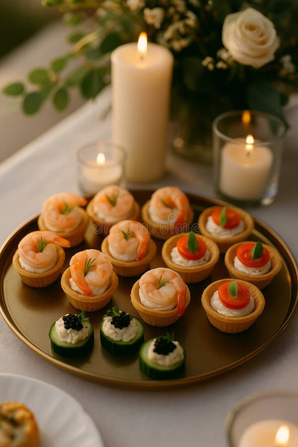 A Round Platter on a Table Features Elegant Wedding Table Canapés Stock ...