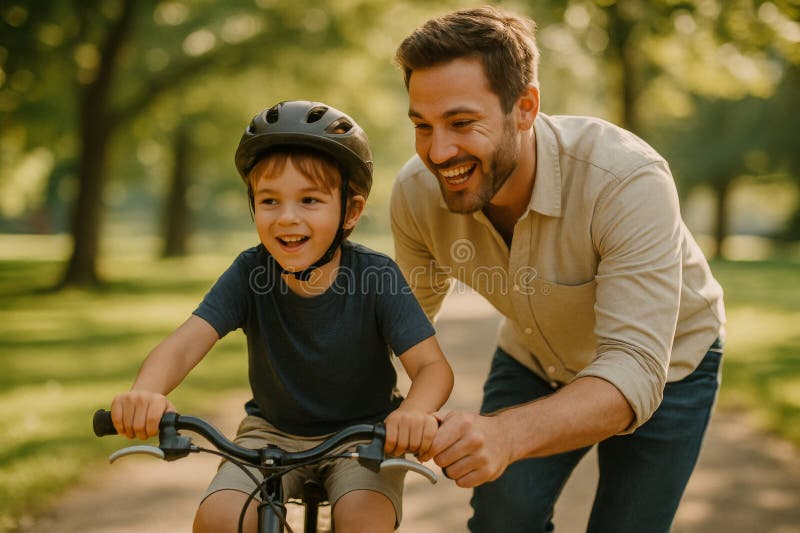 Father Teaches Son To Ride a Bicycle in a Sunny Park during the ...