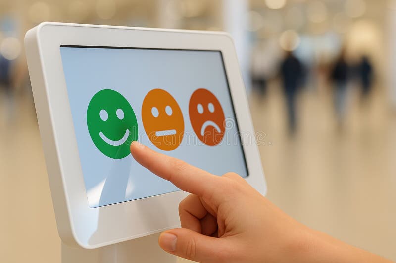 Finger Touching Smiley Face Feedback Screen. Customer Satisfaction and ...
