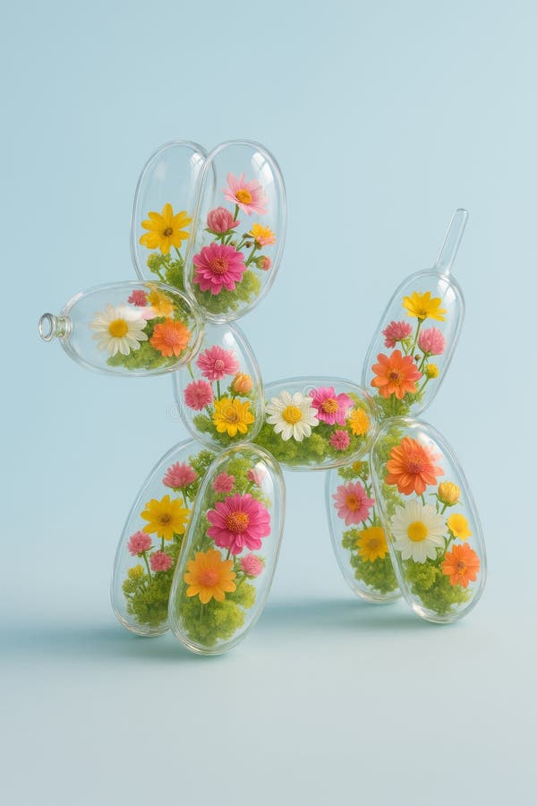Glass Balloon Dog Sculpture with Colorful Flowers on Pastel Background ...