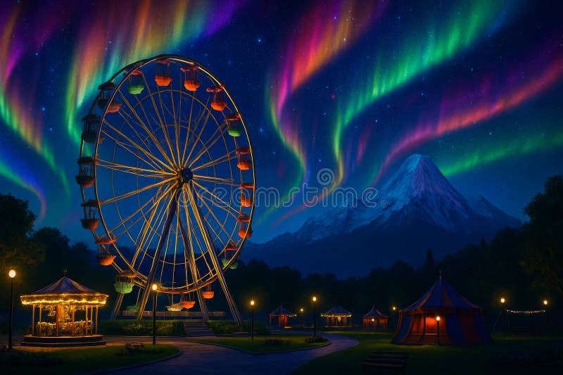Vibrant Aurora Over Carnival Ferris Wheel Magical Night Sky Amusement ...
