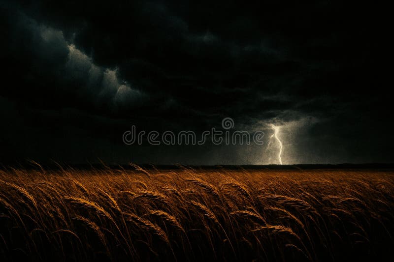 Storm Over Wheat Field with Lightning and Cinematic Contrast Stock ...