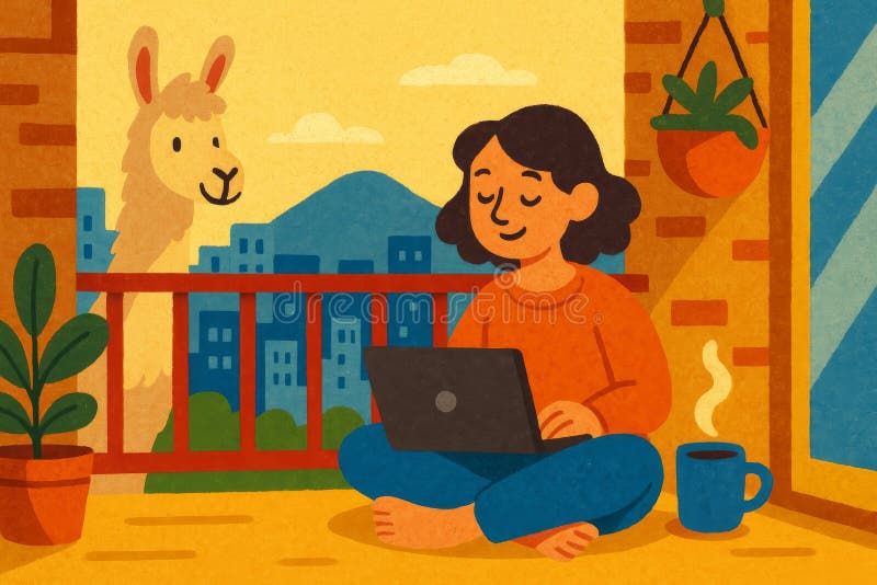 Balcony Office with Llama Visitor Stock Vector - Illustration of yellow ...