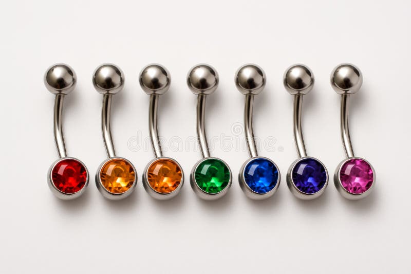 Seven Curved Metal Belly Button Rings are Arranged in a Row. Stock ...