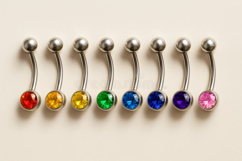 Seven Metallic Curved Barbell Piercings with Colored Gemstones Arranged ...